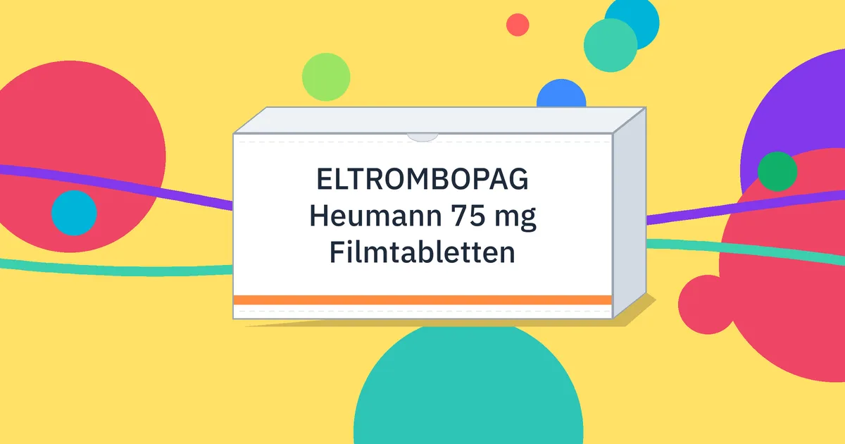Symbolbild: Packung mit der Aufschrift ELTROMBOPAG Heumann 75 mg Filmtabletten (PZN 19421276) – Verfügbarkeit und Bezug in Apotheken in Frankfurt am Main