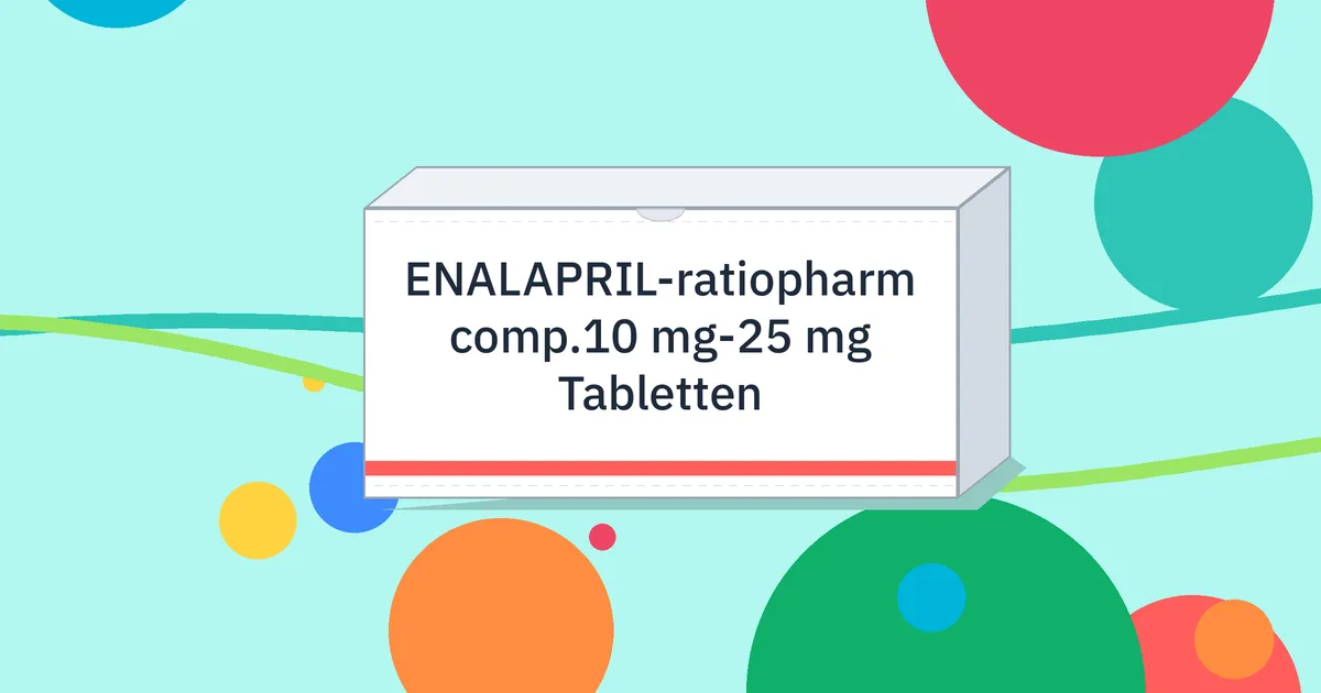 Symbolbild: Packung mit der Aufschrift ENALAPRIL-ratiopharm comp.10 mg-25 mg Tabletten (PZN 02752299) – Verfügbarkeit und Bezug in Apotheken in Frankfurt am Main
