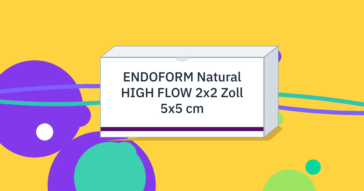 Symbolbild: Packung mit der Aufschrift ENDOFORM Natural HIGH FLOW 2x2 Zoll 5x5 cm (PZN 18172581) – Verfügbarkeit und Bezug in Apotheken in Frankfurt am Main