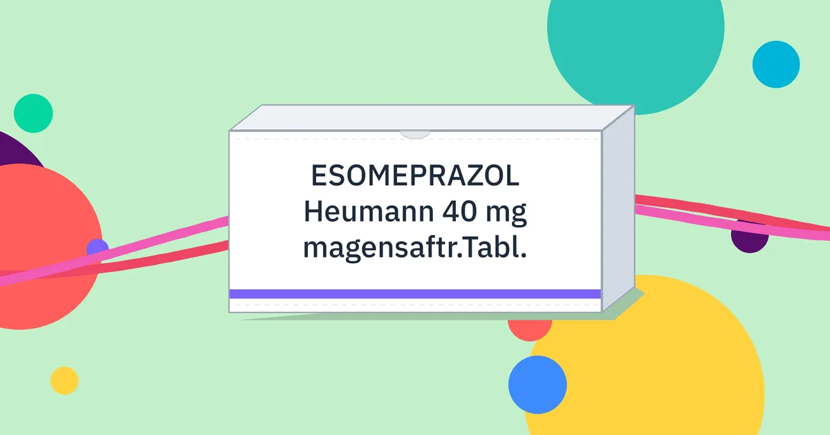 Symbolbild: Packung mit der Aufschrift ESOMEPRAZOL Heumann 40 mg magensaftr.Tabl. (PZN 08850241) – Verfügbarkeit und Bezug in Apotheken in Frankfurt am Main