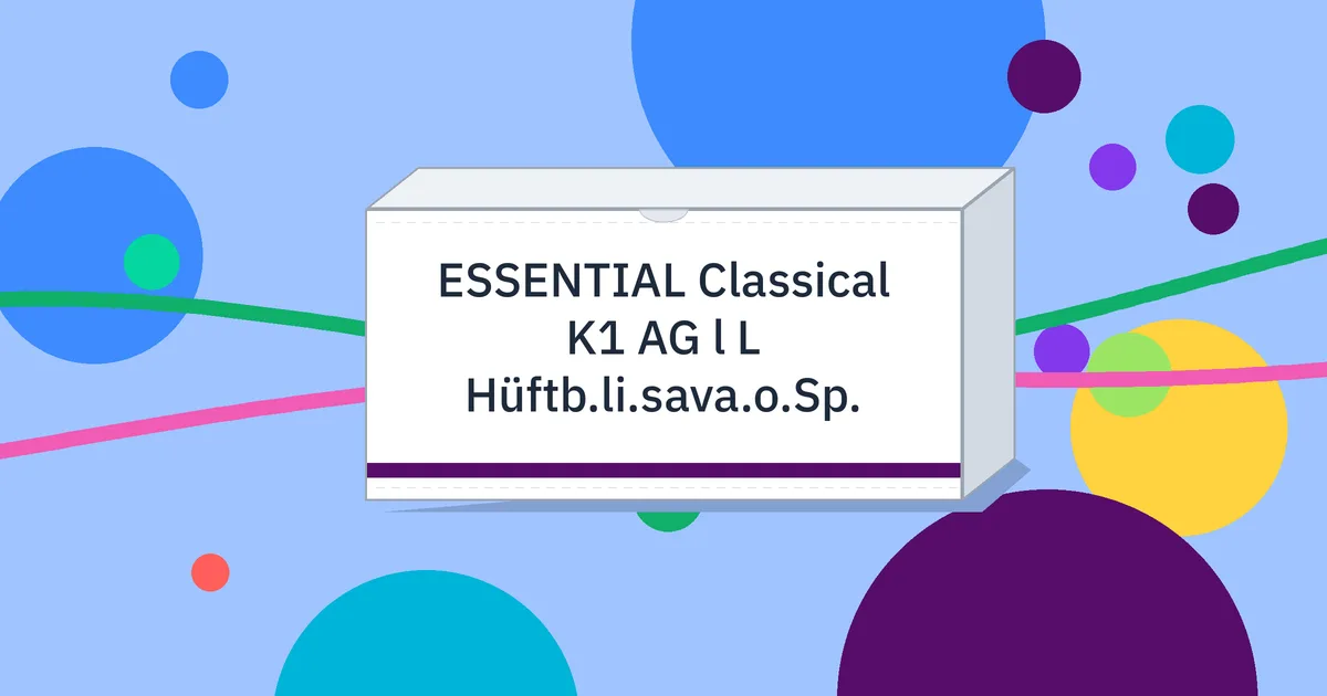 Symbolbild: Packung mit der Aufschrift ESSENTIAL Classical K1 AG l L Hüftb.li.sava.o.Sp. (PZN 17012585) – Verfügbarkeit und Bezug in Apotheken in Frankfurt am Main