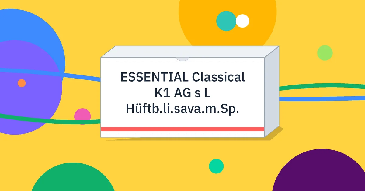 Symbolbild: Packung mit der Aufschrift ESSENTIAL Classical K1 AG s L Hüftb.li.sava.m.Sp. (PZN 17012728) – Verfügbarkeit und Bezug in Apotheken in Frankfurt am Main