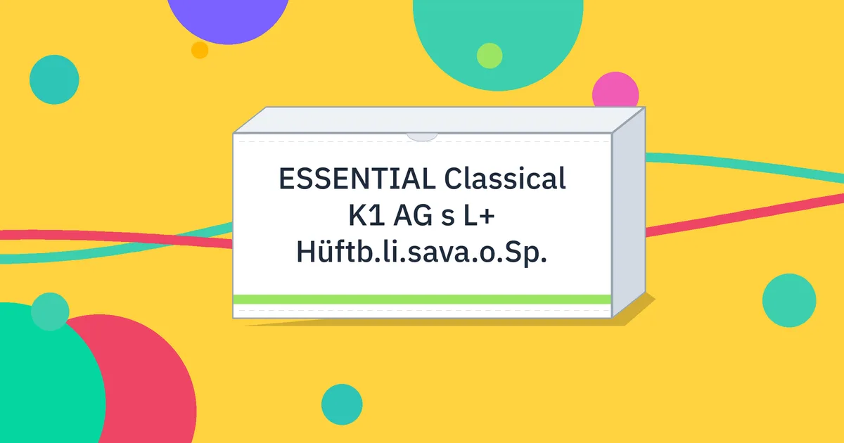 Symbolbild: Packung mit der Aufschrift ESSENTIAL Classical K1 AG s L+ Hüftb.li.sava.o.Sp. (PZN 17012668) – Verfügbarkeit und Bezug in Apotheken in Frankfurt am Main