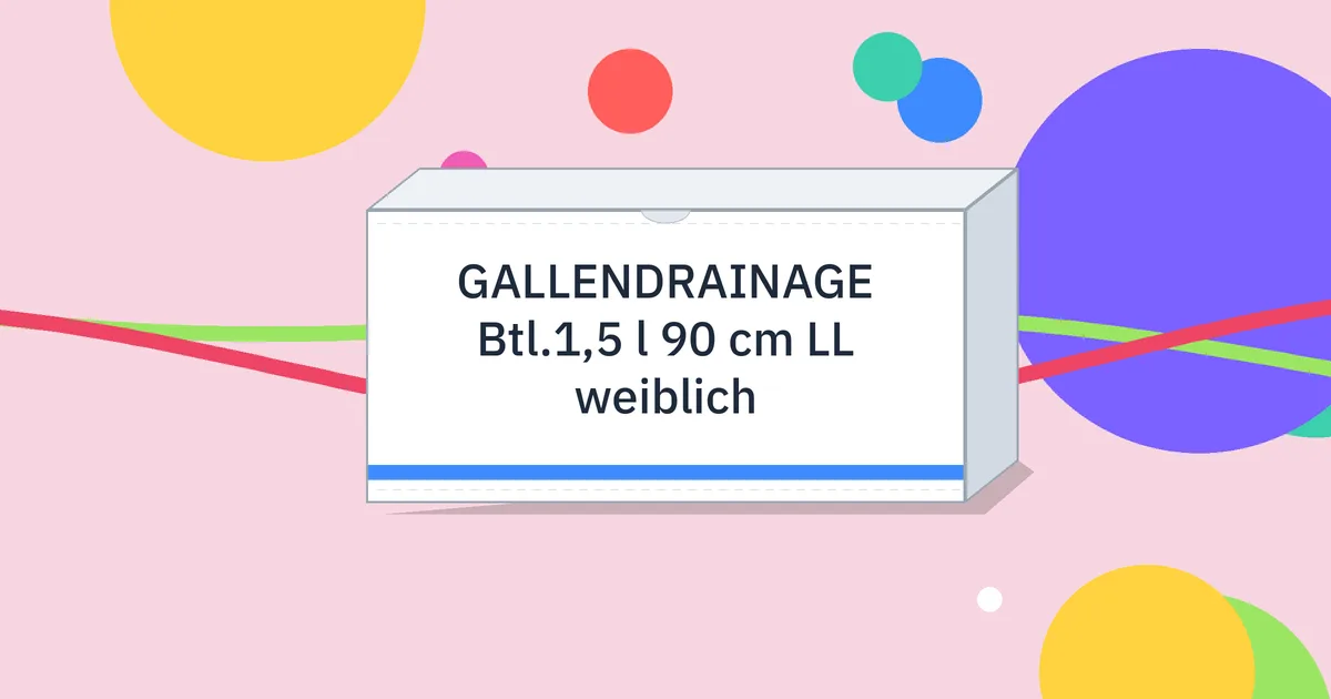 Symbolbild: Packung mit der Aufschrift GALLENDRAINAGE Btl.1,5 l 90 cm LL weiblich (PZN 12426649) – Verfügbarkeit und Bezug in Apotheken in Frankfurt am Main