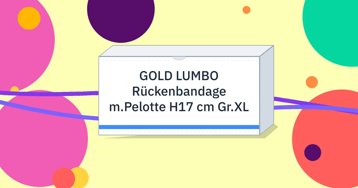Symbolbild: Packung mit der Aufschrift GOLD LUMBO Rückenbandage m.Pelotte H17 cm Gr.XL (PZN 19133703) – Verfügbarkeit und Bezug in Apotheken in Frankfurt am Main