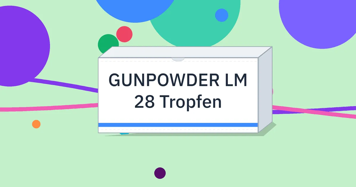 Symbolbild: Packung mit der Aufschrift GUNPOWDER LM 28 Tropfen (PZN 15823813) – Verfügbarkeit und Bezug in Apotheken in Frankfurt am Main