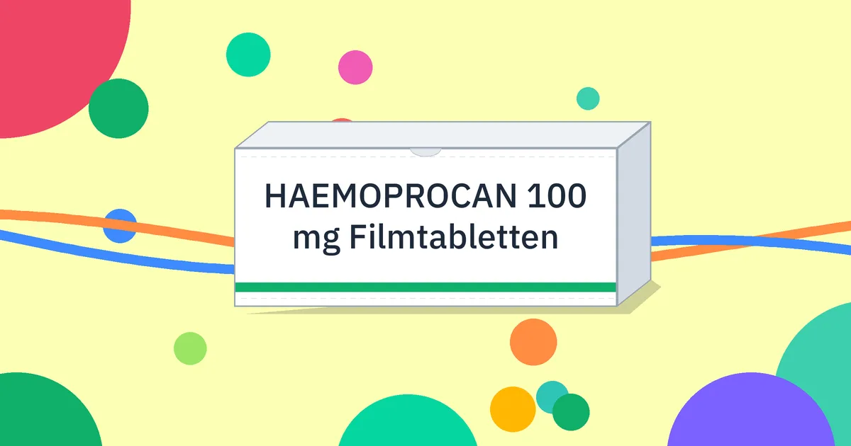 Symbolbild: Packung mit der Aufschrift HAEMOPROCAN 100 mg Filmtabletten (PZN 16583676) – Verfügbarkeit und Bezug in Apotheken in Frankfurt am Main