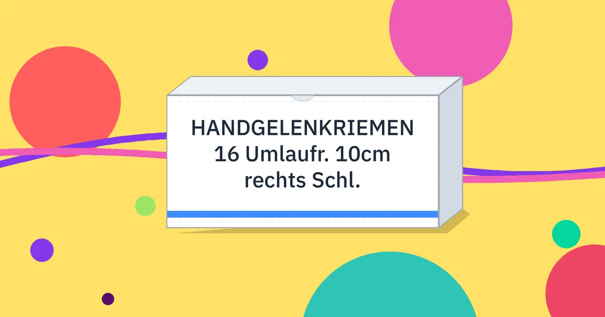 Symbolbild: Packung mit der Aufschrift HANDGELENKRIEMEN 16 Umlaufr. 10cm rechts Schl. (PZN 01962959) – Verfügbarkeit und Bezug in Apotheken in Frankfurt am Main