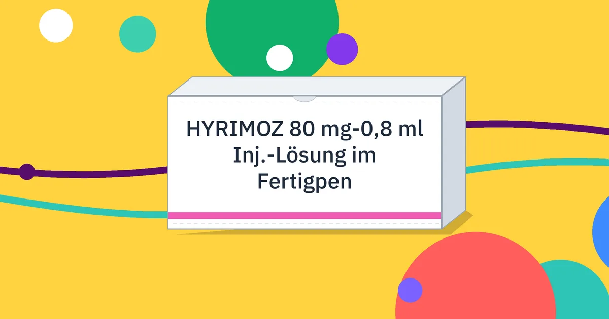 Symbolbild: Packung mit der Aufschrift HYRIMOZ 80 mg-0,8 ml Inj.-Lösung im Fertigpen (PZN 19188851) – Verfügbarkeit und Bezug in Apotheken in Frankfurt am Main