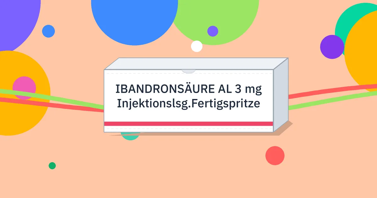 Symbolbild: Packung mit der Aufschrift IBANDRONSÄURE AL 3 mg Injektionslsg.Fertigspritze (PZN 16165660) – Verfügbarkeit und Bezug in Apotheken in Frankfurt am Main