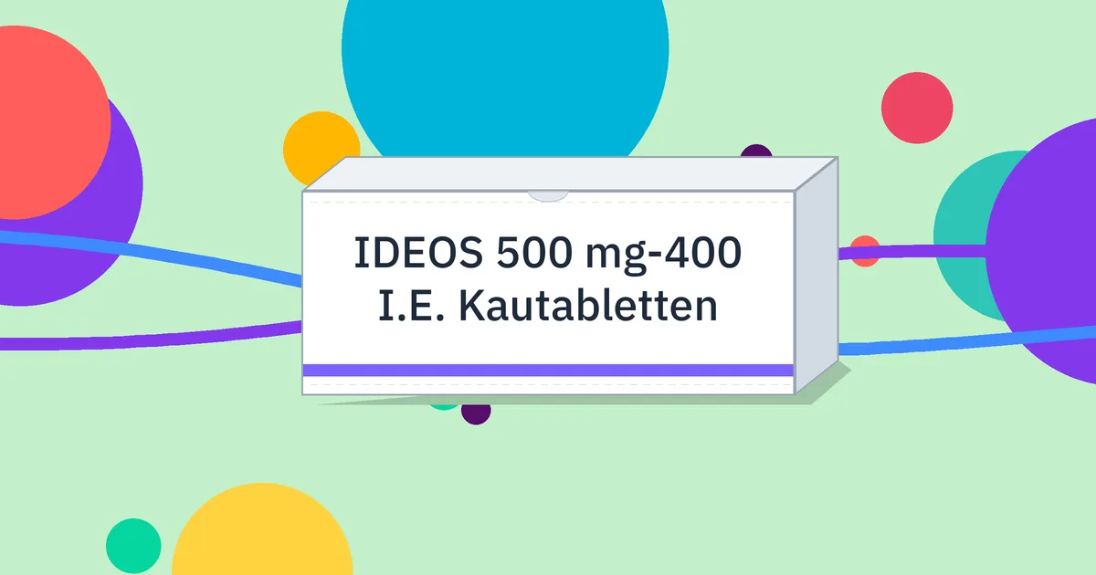 Symbolbild: Packung mit der Aufschrift IDEOS 500 mg-400 I.E. Kautabletten (PZN 00578182) – Verfügbarkeit und Bezug in Apotheken in Frankfurt am Main