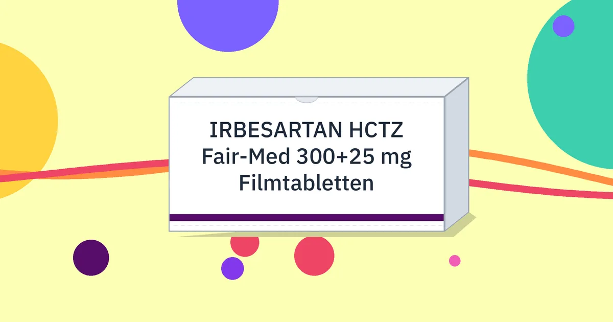 Symbolbild: Packung mit der Aufschrift IRBESARTAN HCTZ Fair-Med 300+25 mg Filmtabletten (PZN 13245915) – Verfügbarkeit und Bezug in Apotheken in Frankfurt am Main