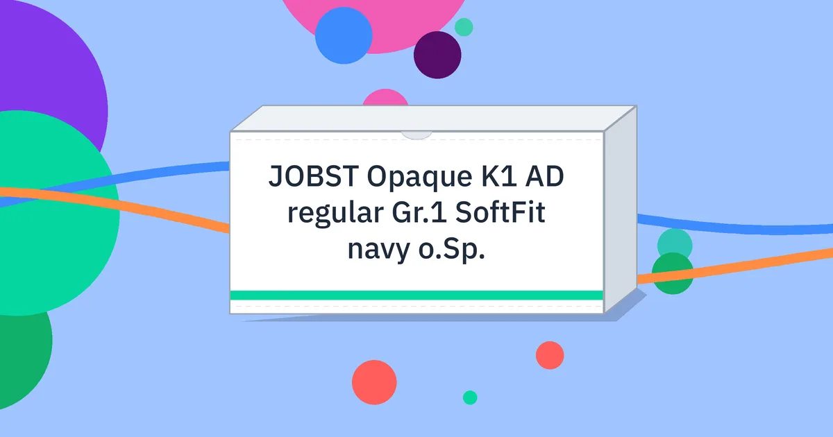 Symbolbild: Packung mit der Aufschrift JOBST Opaque K1 AD regular Gr.1 SoftFit navy o.Sp. (PZN 13082979) – Verfügbarkeit und Bezug in Apotheken in Frankfurt am Main