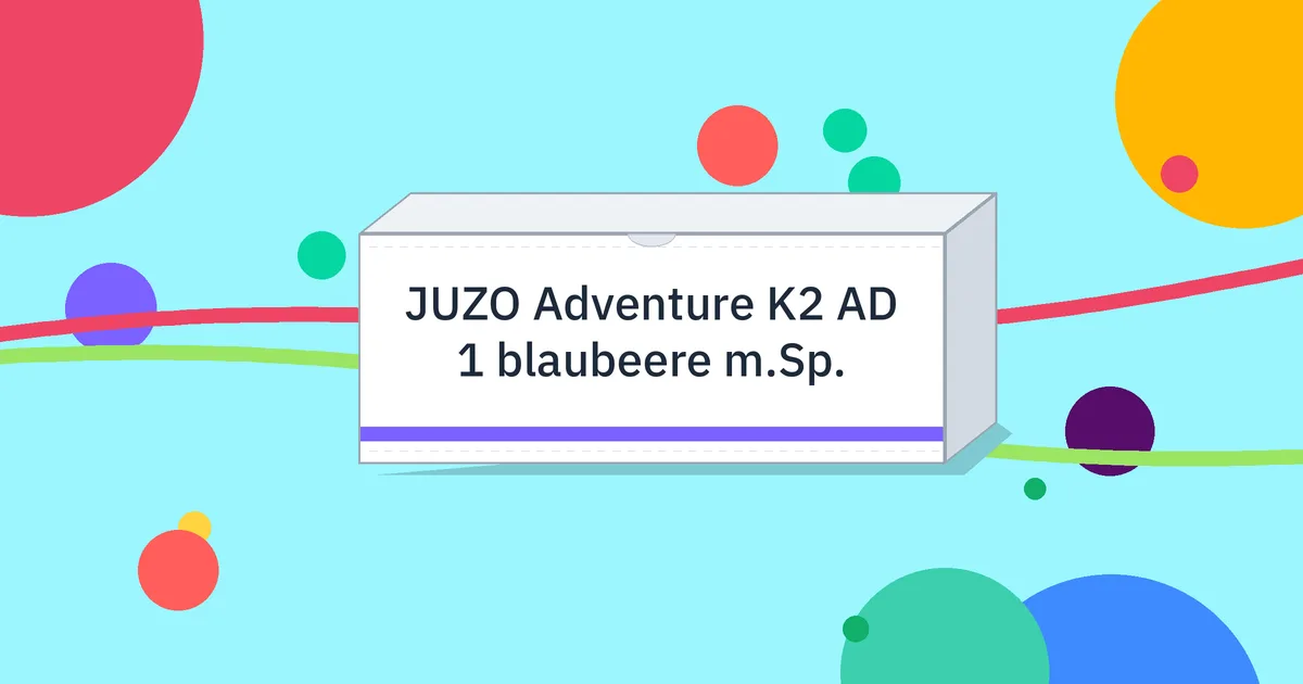 Symbolbild: Packung mit der Aufschrift JUZO Adventure K2 AD 1 blaubeere m.Sp. (PZN 16344753) – Verfügbarkeit und Bezug in Apotheken in Frankfurt am Main