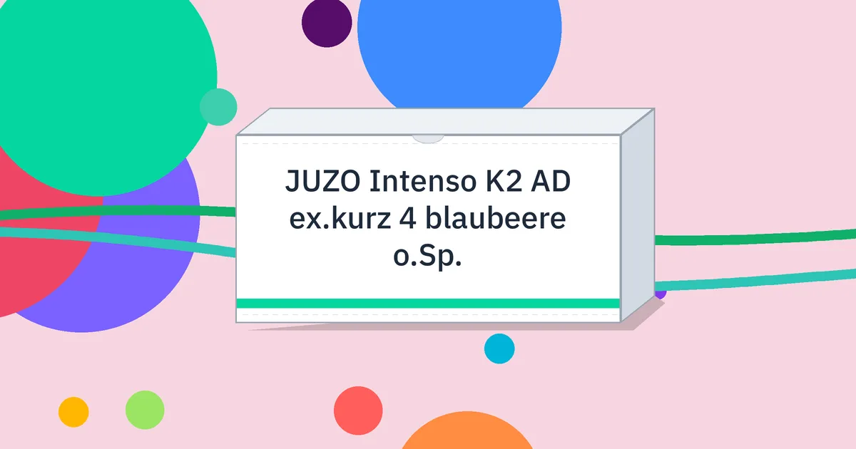 Symbolbild: Packung mit der Aufschrift JUZO Intenso K2 AD ex.kurz 4 blaubeere o.Sp. (PZN 18618663) – Verfügbarkeit und Bezug in Apotheken in Frankfurt am Main