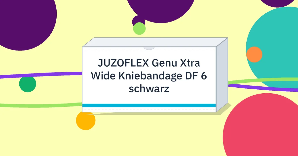 Symbolbild: Packung mit der Aufschrift JUZOFLEX Genu Xtra Wide Kniebandage DF 6 schwarz (PZN 16497735) – Verfügbarkeit und Bezug in Apotheken in Frankfurt am Main