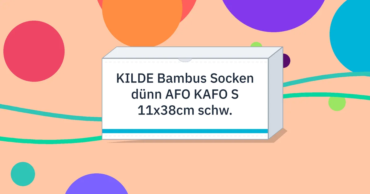 Symbolbild: Packung mit der Aufschrift KILDE Bambus Socken dünn AFO KAFO S 11x38cm schw. (PZN 20798514) – Verfügbarkeit und Bezug in Apotheken in Frankfurt am Main