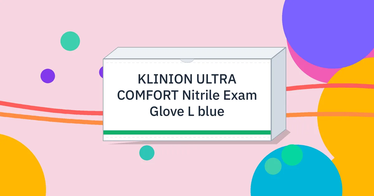 Symbolbild: Packung mit der Aufschrift KLINION ULTRA COMFORT Nitrile Exam Glove L blue (PZN 19510548) – Verfügbarkeit und Bezug in Apotheken in Frankfurt am Main