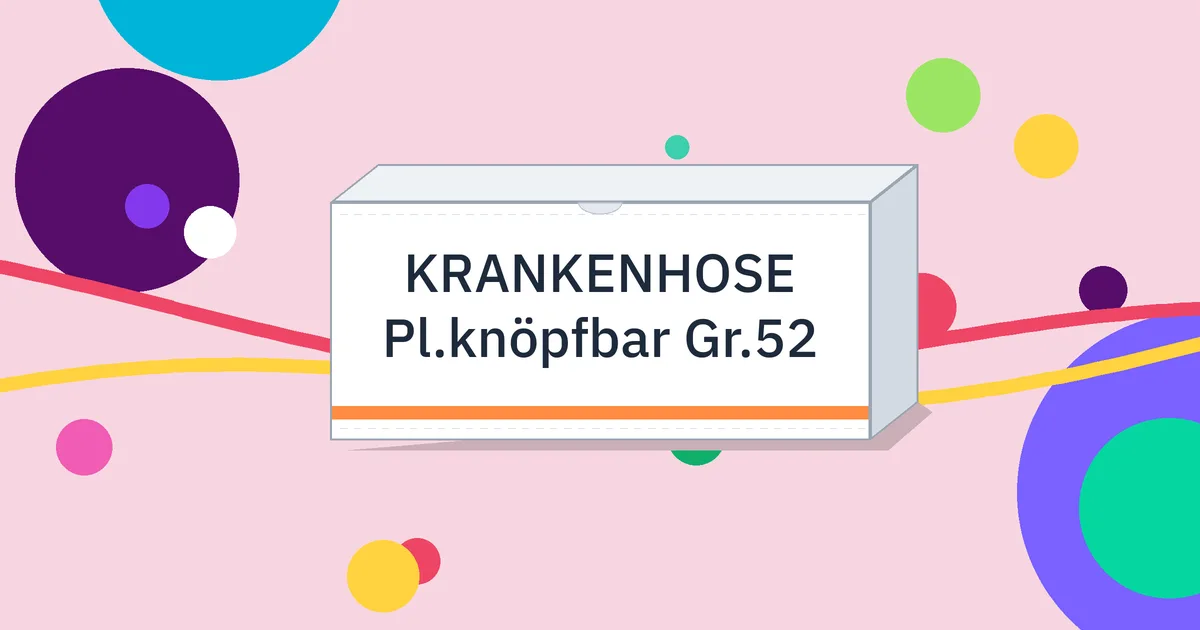 Symbolbild: Packung mit der Aufschrift KRANKENHOSE Pl.knöpfbar Gr.52 (PZN 01979575) – Verfügbarkeit und Bezug in Apotheken in Frankfurt am Main
