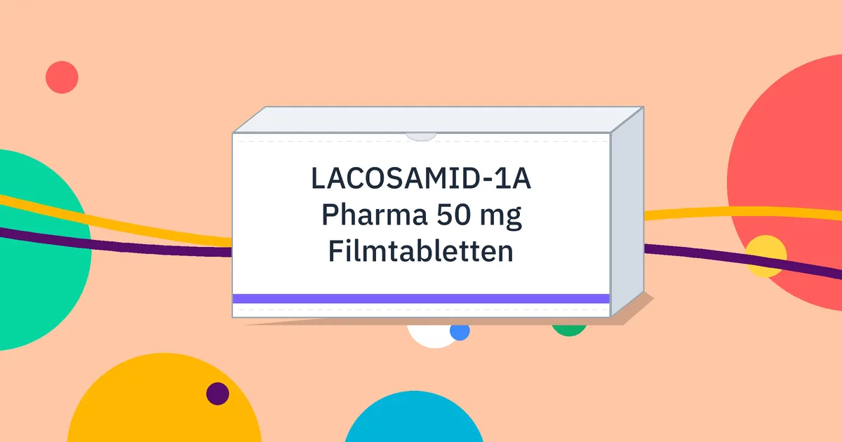 Symbolbild: Packung mit der Aufschrift LACOSAMID-1A Pharma 50 mg Filmtabletten (PZN 15235648) – Verfügbarkeit und Bezug in Apotheken in Frankfurt am Main