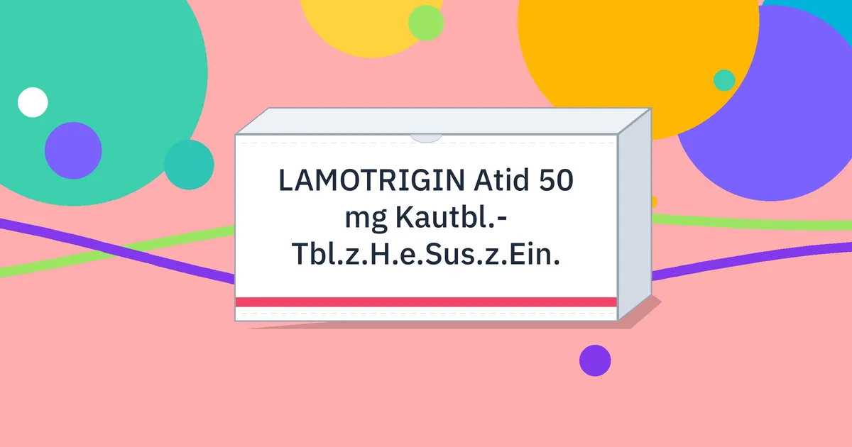 Symbolbild: Packung mit der Aufschrift LAMOTRIGIN Atid 50 mg Kautbl.-Tbl.z.H.e.Sus.z.Ein. (PZN 04306463) – Verfügbarkeit und Bezug in Apotheken in Frankfurt am Main