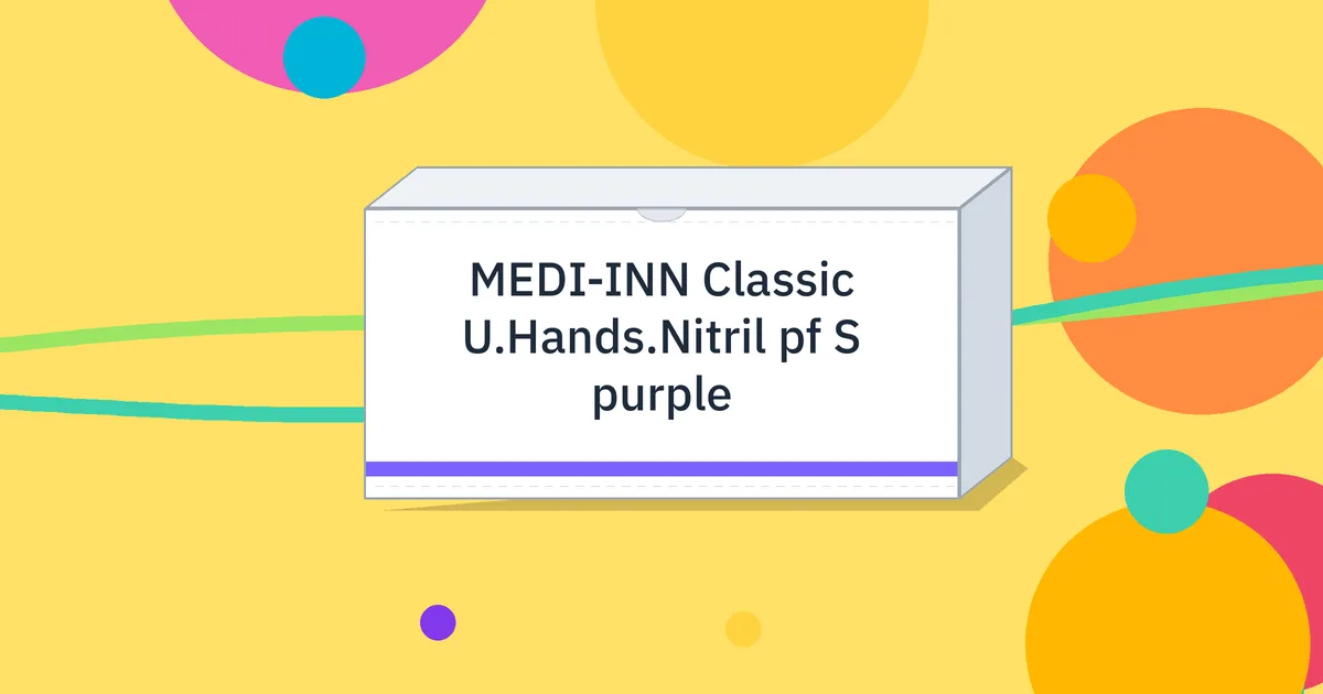 Symbolbild: Packung mit der Aufschrift MEDI-INN Classic U.Hands.Nitril pf S purple (PZN 18444878) – Verfügbarkeit und Bezug in Apotheken in Frankfurt am Main