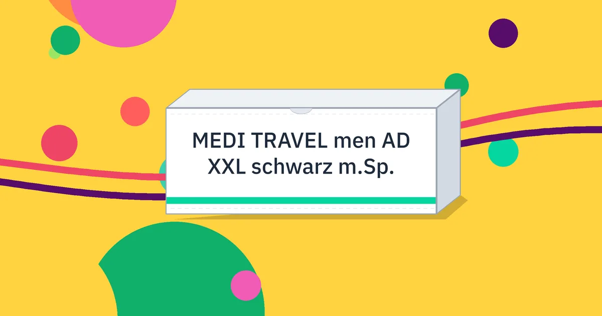 Symbolbild: Packung mit der Aufschrift MEDI TRAVEL men AD XXL schwarz m.Sp. (PZN 07670778) – Verfügbarkeit und Bezug in Apotheken in Frankfurt am Main