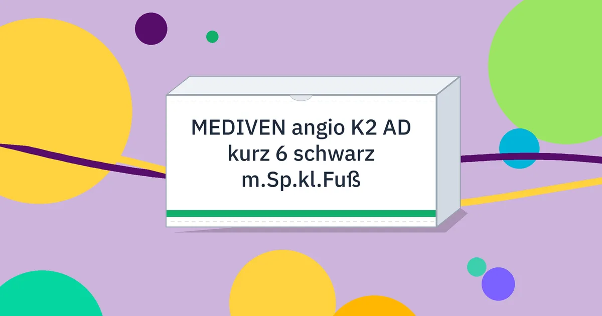 Symbolbild: Packung mit der Aufschrift MEDIVEN angio K2 AD kurz 6 schwarz m.Sp.kl.Fuß (PZN 17211149) – Verfügbarkeit und Bezug in Apotheken in Frankfurt am Main