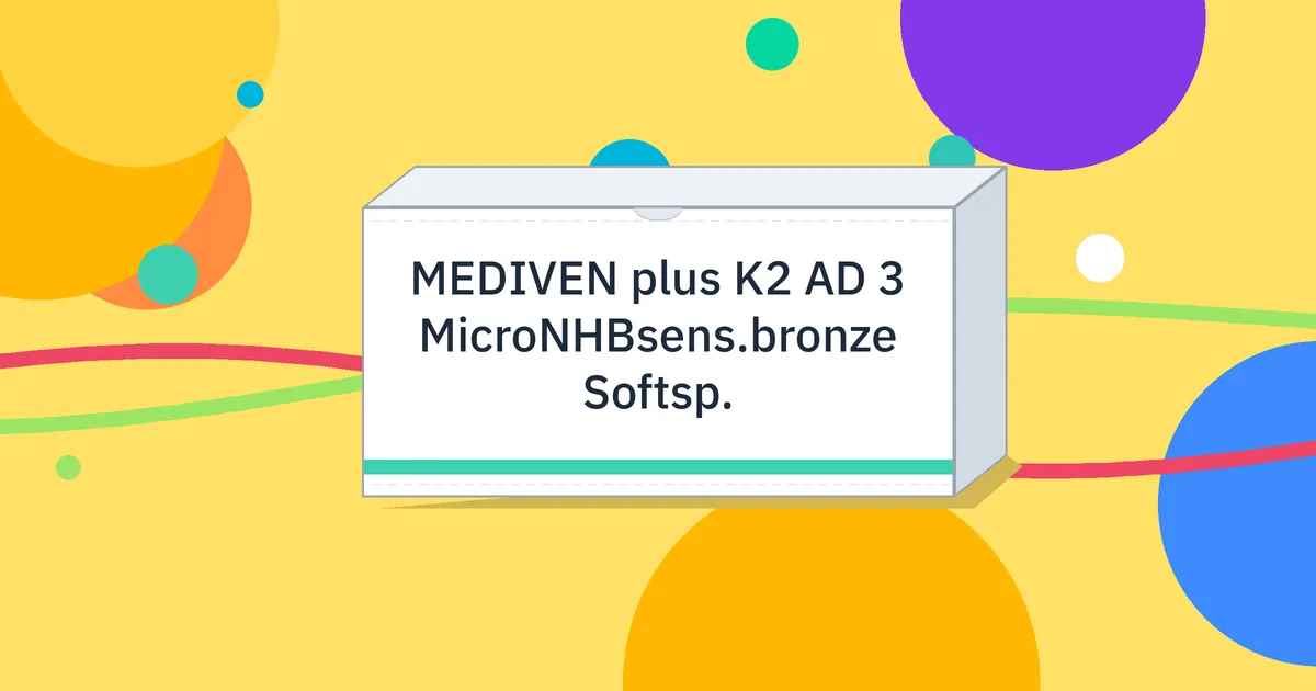 Symbolbild: Packung mit der Aufschrift MEDIVEN plus K2 AD 3 MicroNHBsens.bronze Softsp. (PZN 15933105) – Verfügbarkeit und Bezug in Apotheken in Frankfurt am Main