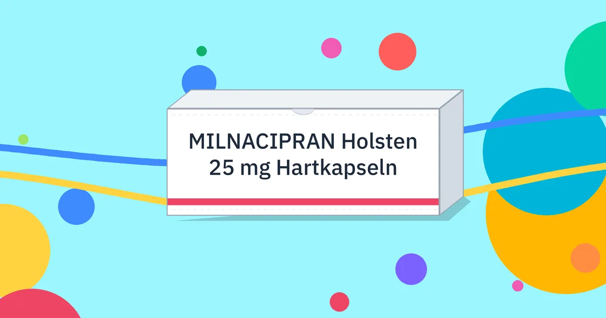 Symbolbild: Packung mit der Aufschrift MILNACIPRAN Holsten 25 mg Hartkapseln (PZN 15579431) – Verfügbarkeit und Bezug in Apotheken in Frankfurt am Main
