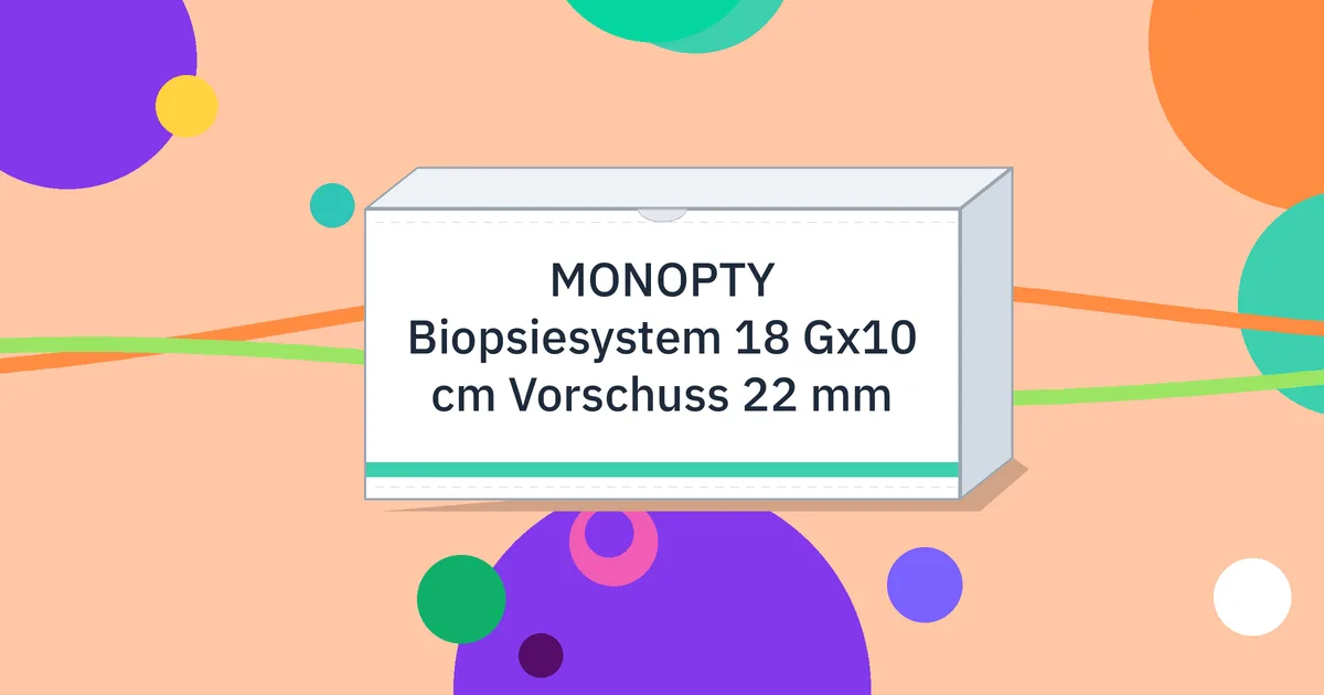 Symbolbild: Packung mit der Aufschrift MONOPTY Biopsiesystem 18 Gx10 cm Vorschuss 22 mm (PZN 03470019) – Verfügbarkeit und Bezug in Apotheken in Frankfurt am Main