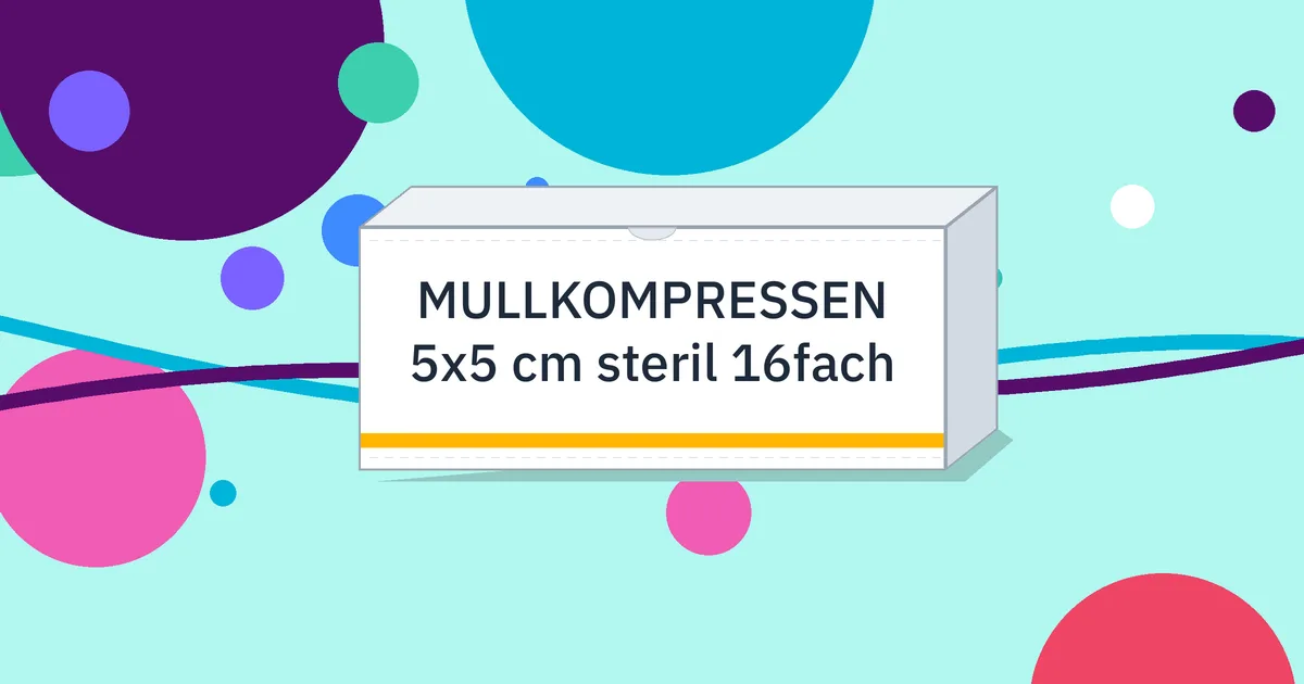 Symbolbild: Packung mit der Aufschrift MULLKOMPRESSEN 5x5 cm steril 16fach (PZN 12349222) – Verfügbarkeit und Bezug in Apotheken in Frankfurt am Main