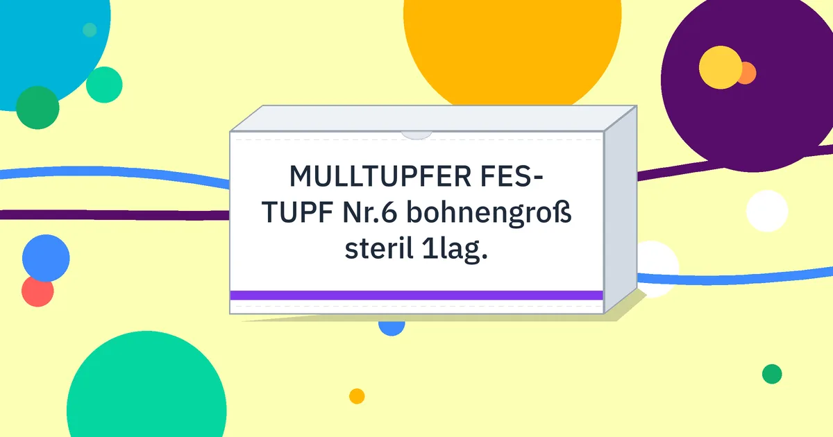 Symbolbild: Packung mit der Aufschrift MULLTUPFER FES-TUPF Nr.6 bohnengroß steril 1lag. (PZN 14266440) – Verfügbarkeit und Bezug in Apotheken in Frankfurt am Main