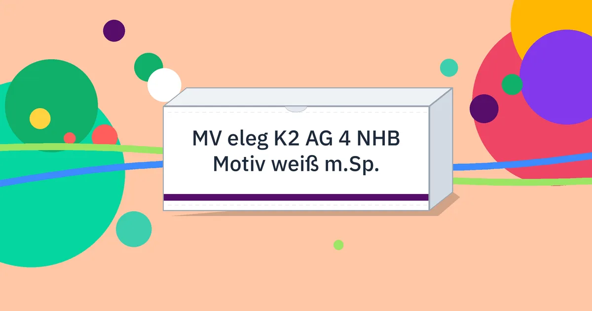 Symbolbild: Packung mit der Aufschrift MV eleg K2 AG 4 NHB Motiv weiß m.Sp. (PZN 15723359) – Verfügbarkeit und Bezug in Apotheken in Frankfurt am Main