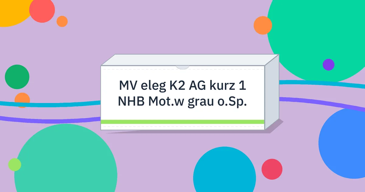 Symbolbild: Packung mit der Aufschrift MV eleg K2 AG kurz 1 NHB Mot.w grau o.Sp. (PZN 18927720) – Verfügbarkeit und Bezug in Apotheken in Frankfurt am Main