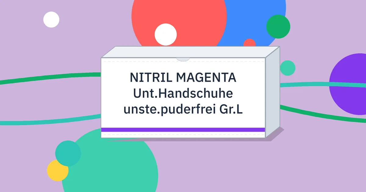 Symbolbild: Packung mit der Aufschrift NITRIL MAGENTA Unt.Handschuhe unste.puderfrei Gr.L (PZN 11584783) – Verfügbarkeit und Bezug in Apotheken in Frankfurt am Main