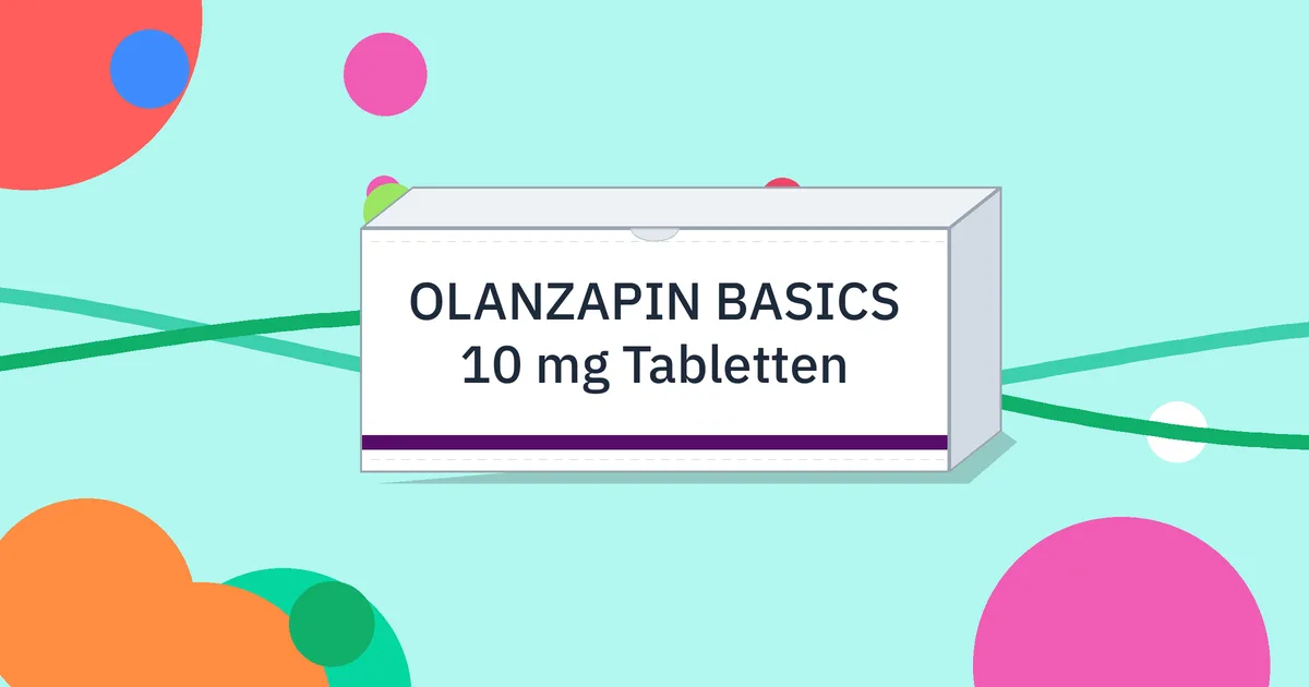 Symbolbild: Packung mit der Aufschrift OLANZAPIN BASICS 10 mg Tabletten (PZN 08468139) – Verfügbarkeit und Bezug in Apotheken in Frankfurt am Main