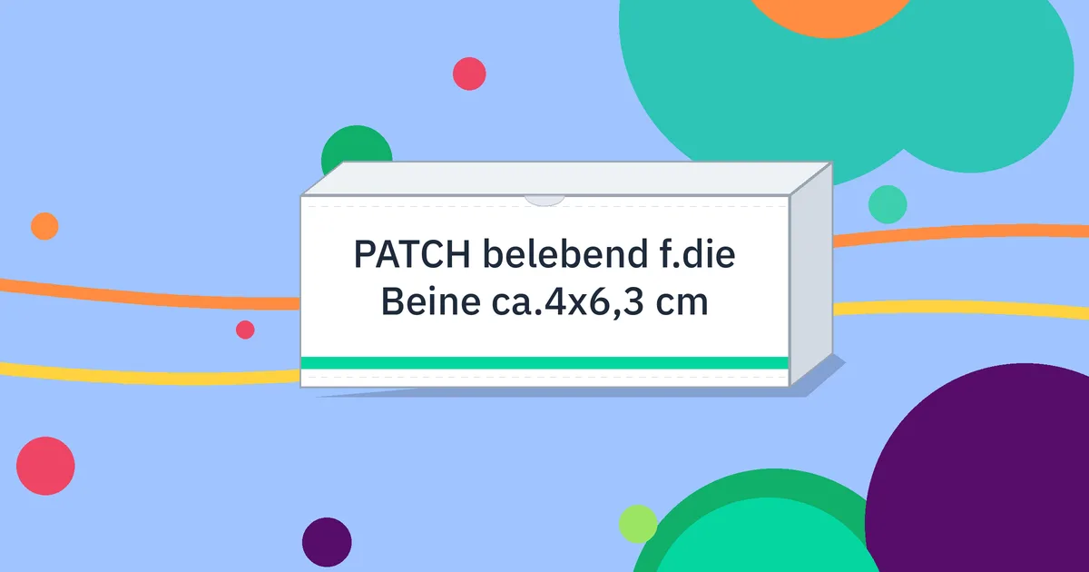 Symbolbild: Packung mit der Aufschrift PATCH belebend f.die Beine ca.4x6,3 cm (PZN 16204153) – Verfügbarkeit und Bezug in Apotheken in Frankfurt am Main