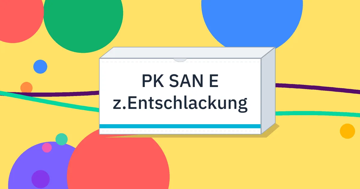 Symbolbild: Packung mit der Aufschrift PK SAN E z.Entschlackung (PZN 07502348) – Verfügbarkeit und Bezug in Apotheken in Frankfurt am Main