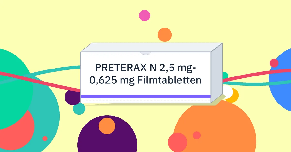 Symbolbild: Packung mit der Aufschrift PRETERAX N 2,5 mg-0,625 mg Filmtabletten (PZN 05396103) – Verfügbarkeit und Bezug in Apotheken in Frankfurt am Main