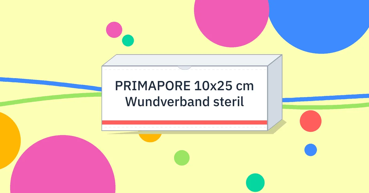 Symbolbild: Packung mit der Aufschrift PRIMAPORE 10x25 cm Wundverband steril (PZN 20285909) – Verfügbarkeit und Bezug in Apotheken in Frankfurt am Main
