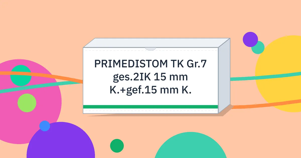 Symbolbild: Packung mit der Aufschrift PRIMEDISTOM TK Gr.7 ges.2IK 15 mm K.+gef.15 mm K. (PZN 10229979) – Verfügbarkeit und Bezug in Apotheken in Frankfurt am Main