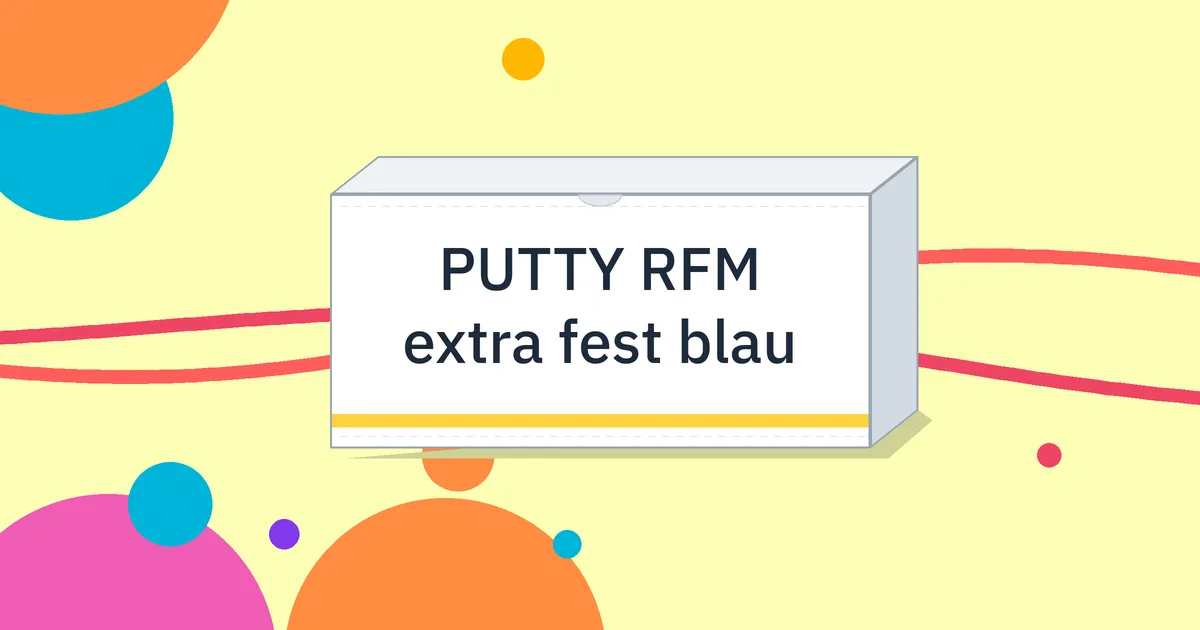 Symbolbild: Packung mit der Aufschrift PUTTY RFM extra fest blau (PZN 18818014) – Verfügbarkeit und Bezug in Apotheken in Frankfurt am Main