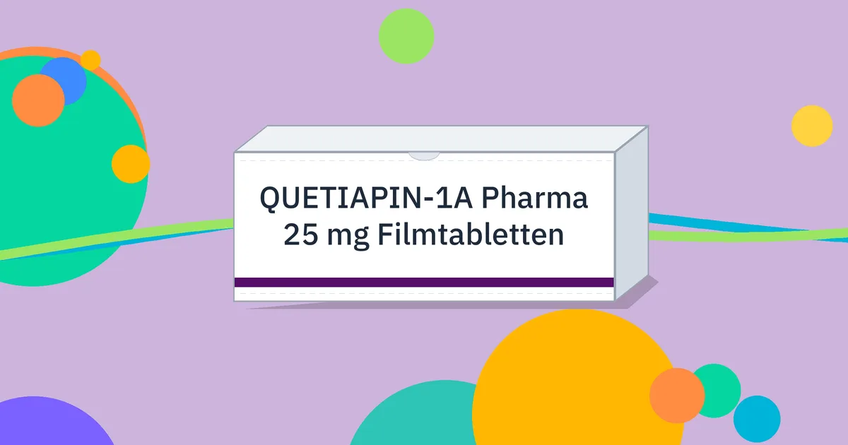 Symbolbild: Packung mit der Aufschrift QUETIAPIN-1A Pharma 25 mg Filmtabletten (PZN 09494506) – Verfügbarkeit und Bezug in Apotheken in Frankfurt am Main