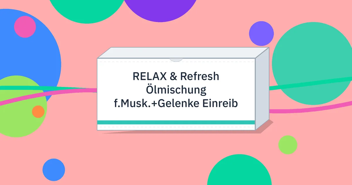 Symbolbild: Packung mit der Aufschrift RELAX & Refresh Ölmischung f.Musk.+Gelenke Einreib (PZN 19116219) – Verfügbarkeit und Bezug in Apotheken in Frankfurt am Main