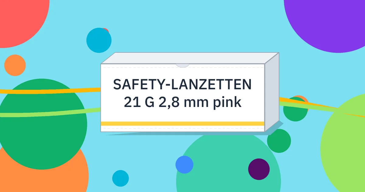 Symbolbild: Packung mit der Aufschrift SAFETY-LANZETTEN 21 G 2,8 mm pink (PZN 00077882) – Verfügbarkeit und Bezug in Apotheken in Frankfurt am Main