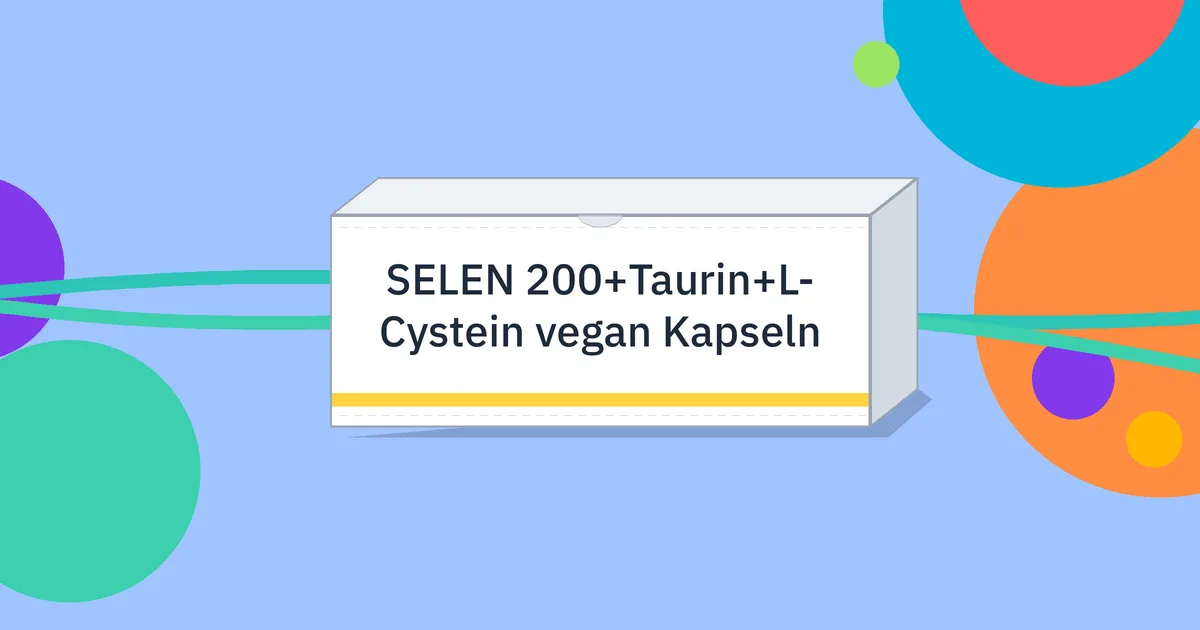 Symbolbild: Packung mit der Aufschrift SELEN 200+Taurin+L-Cystein vegan Kapseln (PZN 19436450) – Verfügbarkeit und Bezug in Apotheken in Frankfurt am Main