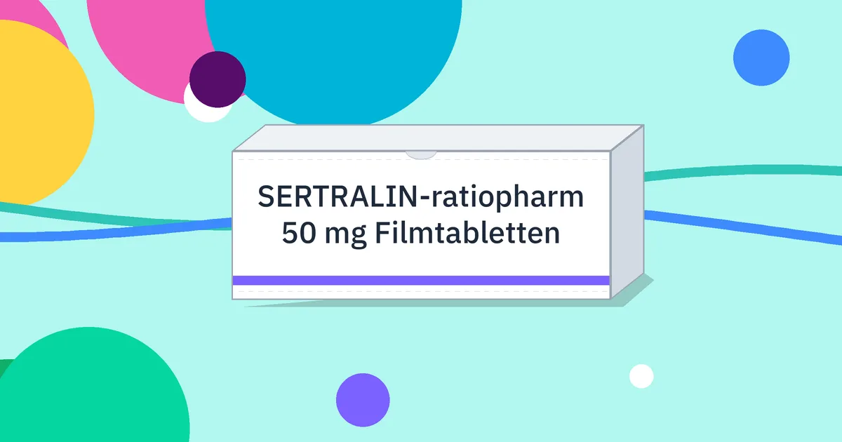 Symbolbild: Packung mit der Aufschrift SERTRALIN-ratiopharm 50 mg Filmtabletten (PZN 01054972) – Verfügbarkeit und Bezug in Apotheken in Frankfurt am Main
