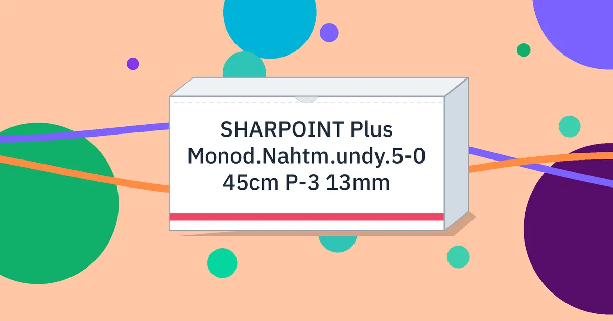 Symbolbild: Packung mit der Aufschrift SHARPOINT Plus Monod.Nahtm.undy.5-0 45cm P-3 13mm (PZN 17986614) – Verfügbarkeit und Bezug in Apotheken in Frankfurt am Main