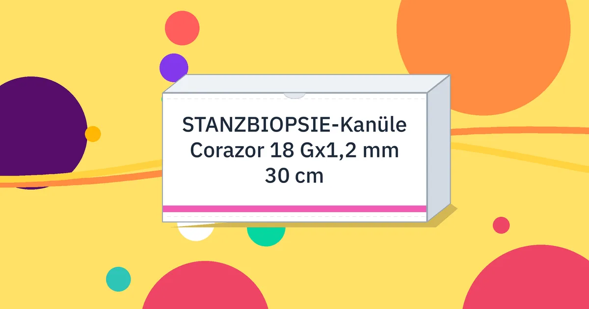 Symbolbild: Packung mit der Aufschrift STANZBIOPSIE-Kanüle Corazor 18 Gx1,2 mm 30 cm (PZN 20096166) – Verfügbarkeit und Bezug in Apotheken in Frankfurt am Main